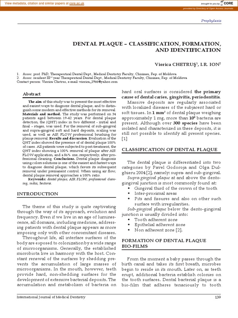 Classification, Formation, and Identification of Dental Plaque | PDF ...