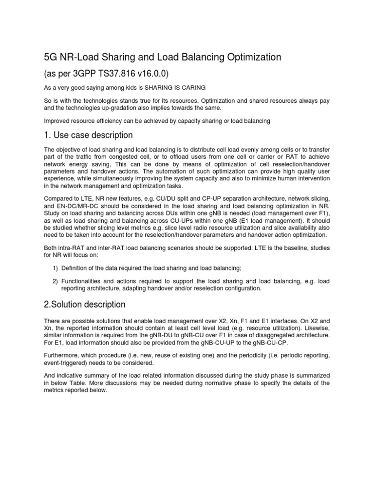 5G NR-Load Sharing and Load Balancing Optimization: (As Per 3GPP TS37.816 v16.0.0) | PDF | Load ...