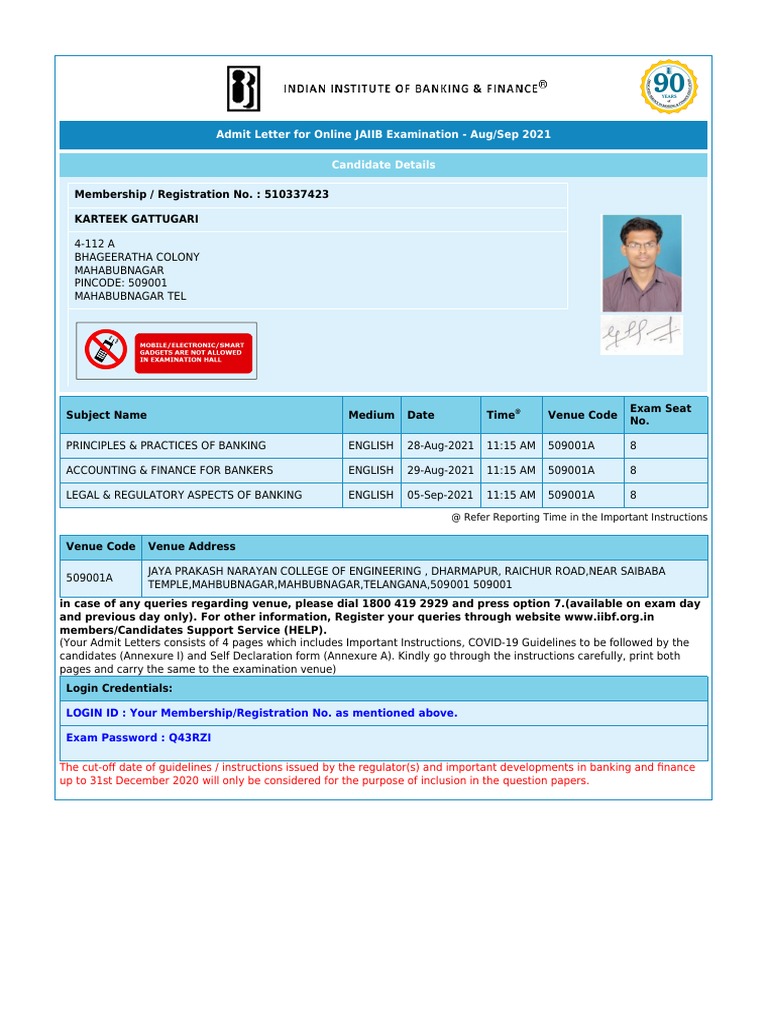 JAIIB Exam Admit Letter Instructions | PDF | Identity Document | Test ...