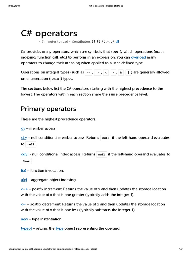 C# Operators - Microsoft Docs | PDF | C Sharp (Programming Language) | Software Engineering