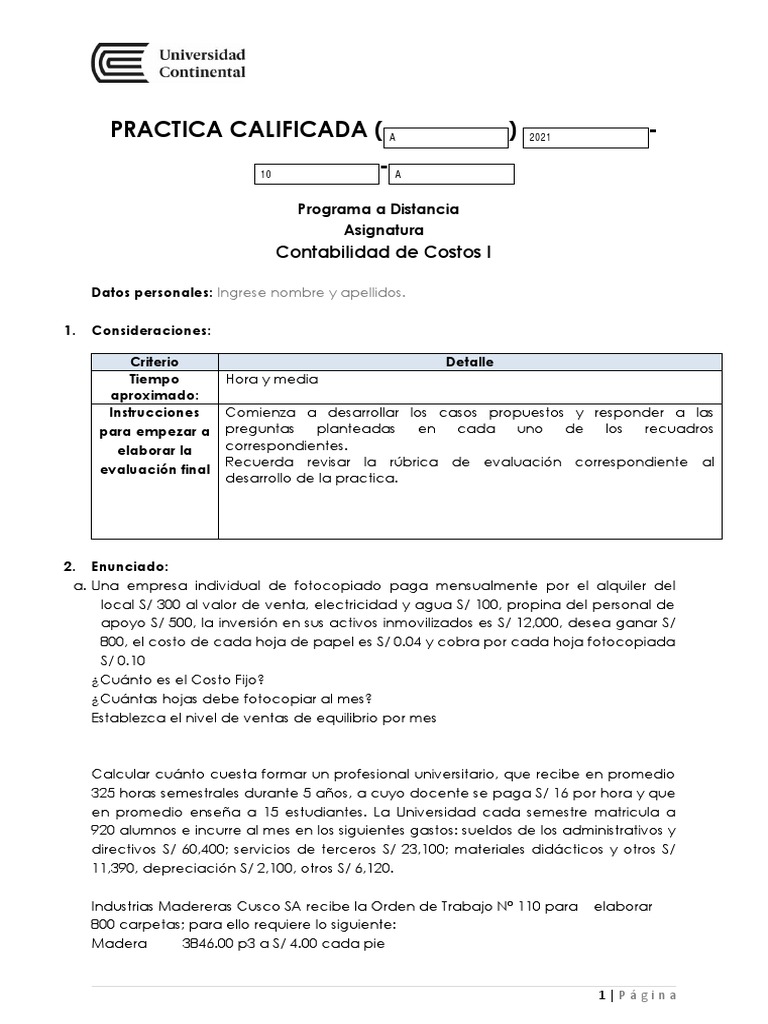 Practica de Contab. Costos I - Rúbrica | PDF | Salario | Business