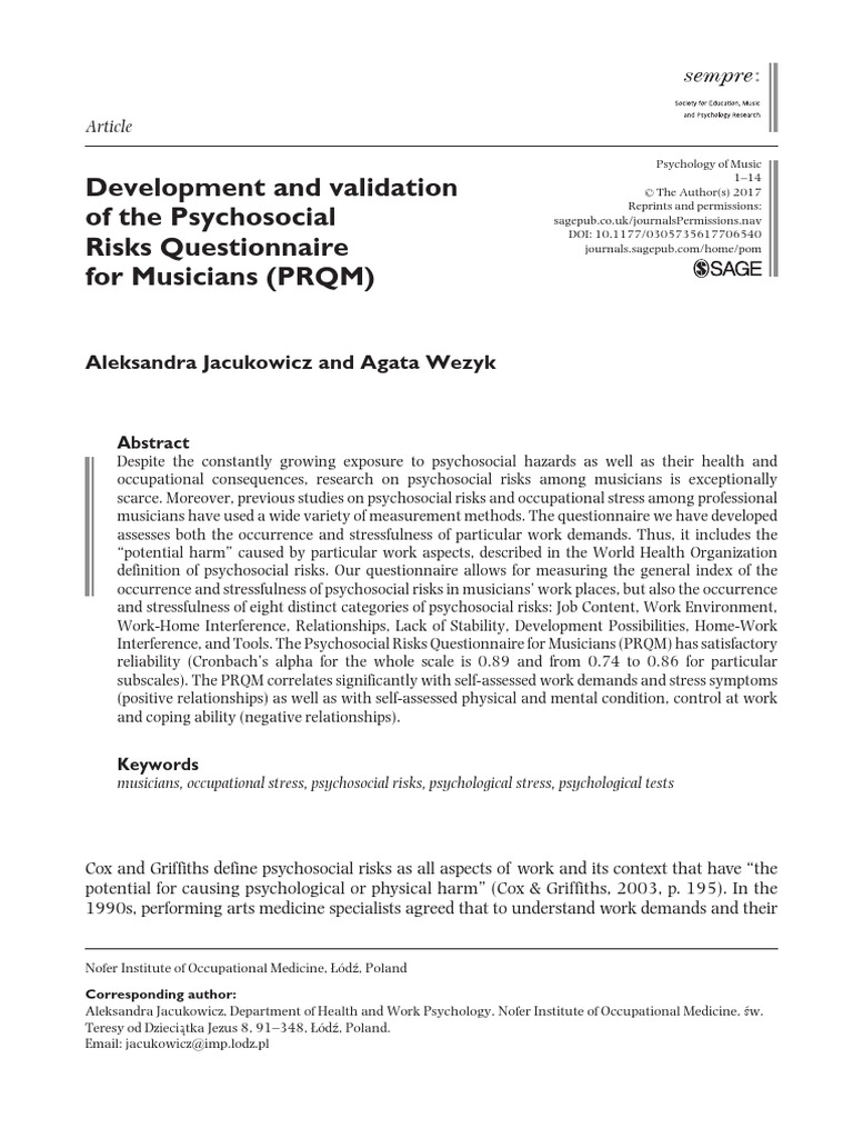 Development and Validation of The Psychosocial Risks Questionnaire For ...