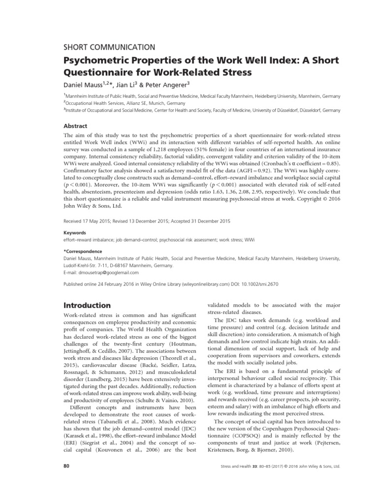 Psychometric Properties of The Work Well Index A Short Questionnaire For Work-Related Stress ...