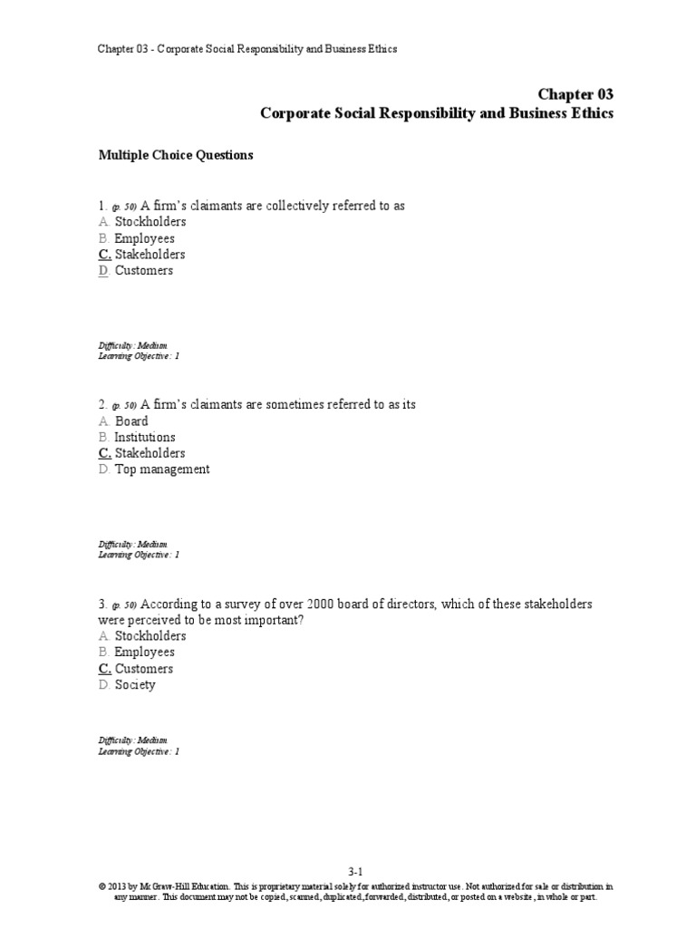 Corporate Social Responsibility and Business Ethics: Multiple Choice ...