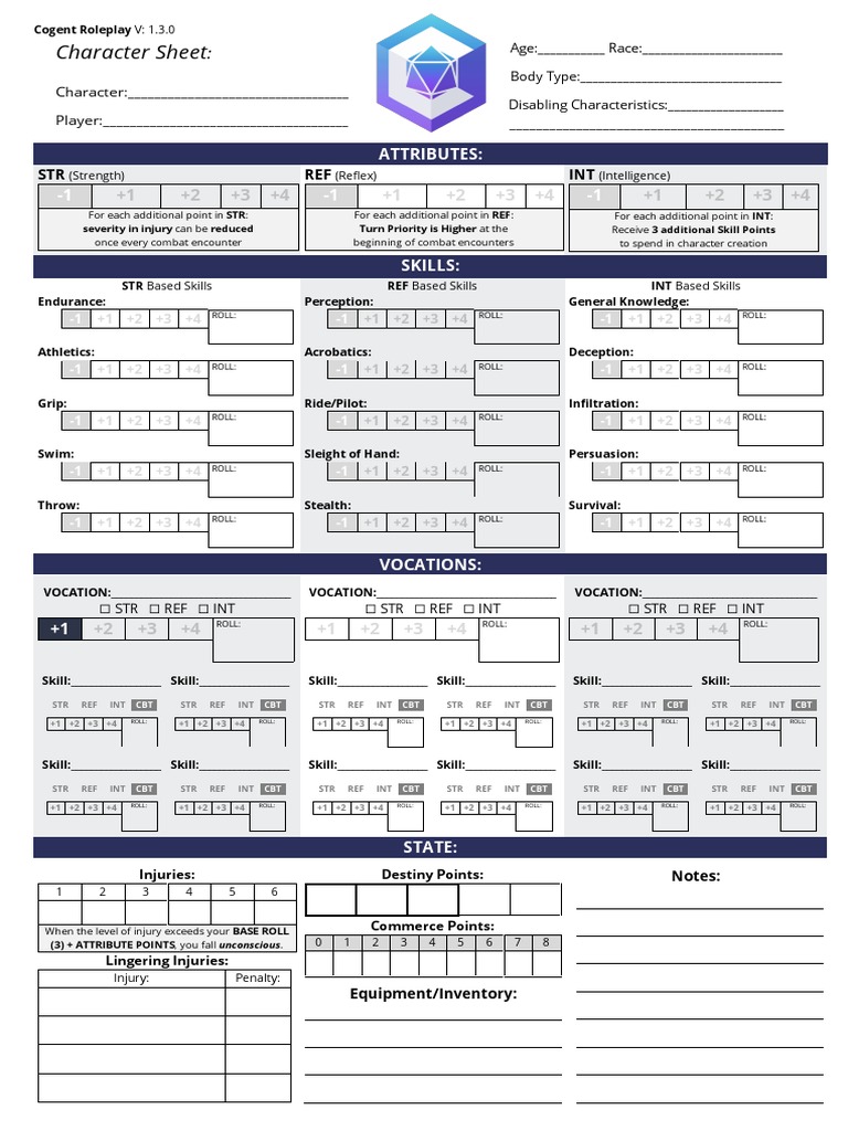 Cogent RP - Character Sheet - Alpha 1.3 v.4 | PDF | Recreation | Role Playing