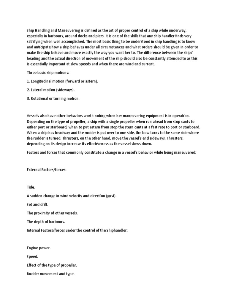 Ship Handling and Maneuvering Is Defined As The Art of Proper Control ...