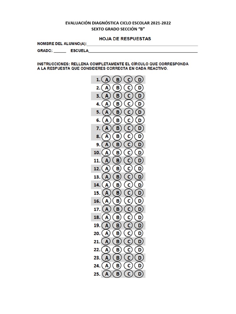 Hoja de Respuestas Evaluación Diagnóstica. 6B | PDF