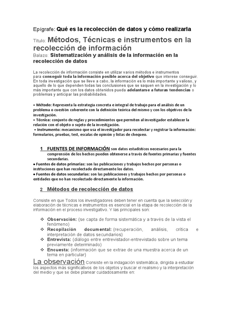 Métodos y Técnicas de Recolección de Datos | PDF | Cuestionario ...