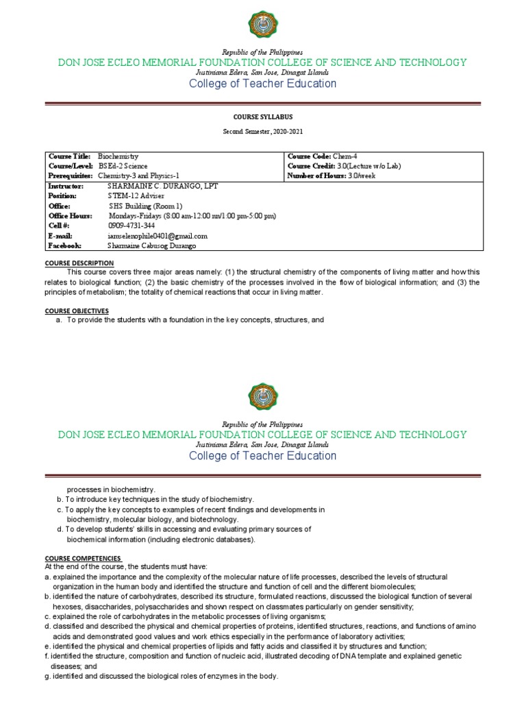 Biochem COURSE SYLLABUS | PDF | Biomolecules | Carbohydrates