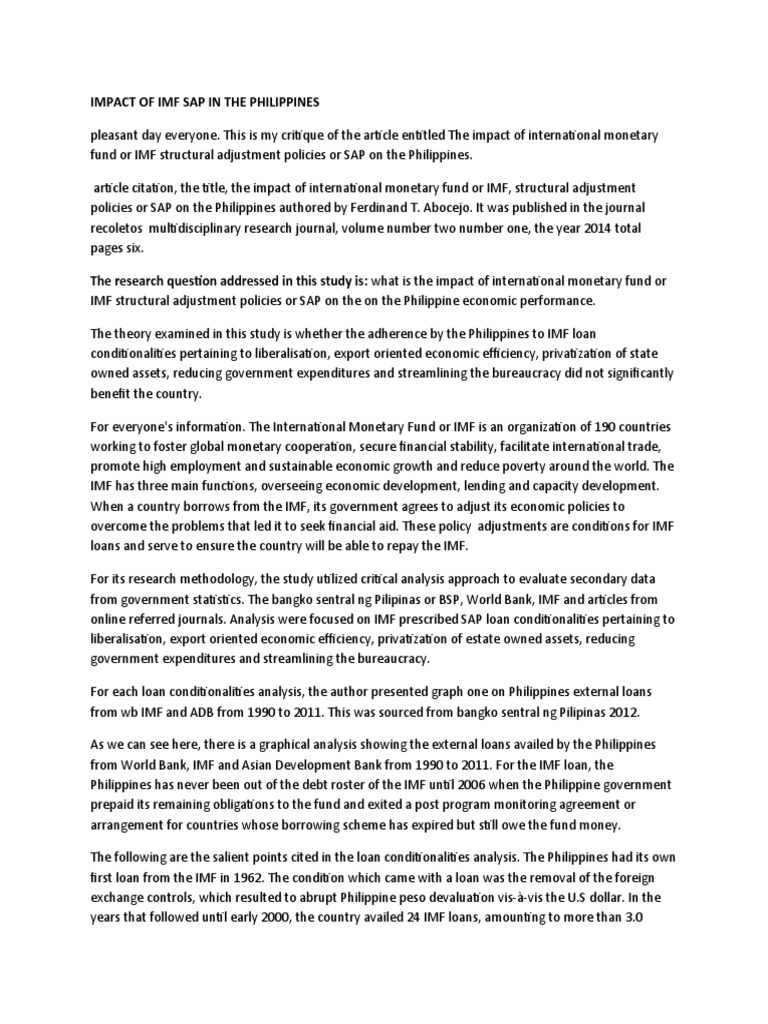 Article Critique On The Impact of IMF SAP On The Philippines | PDF ...