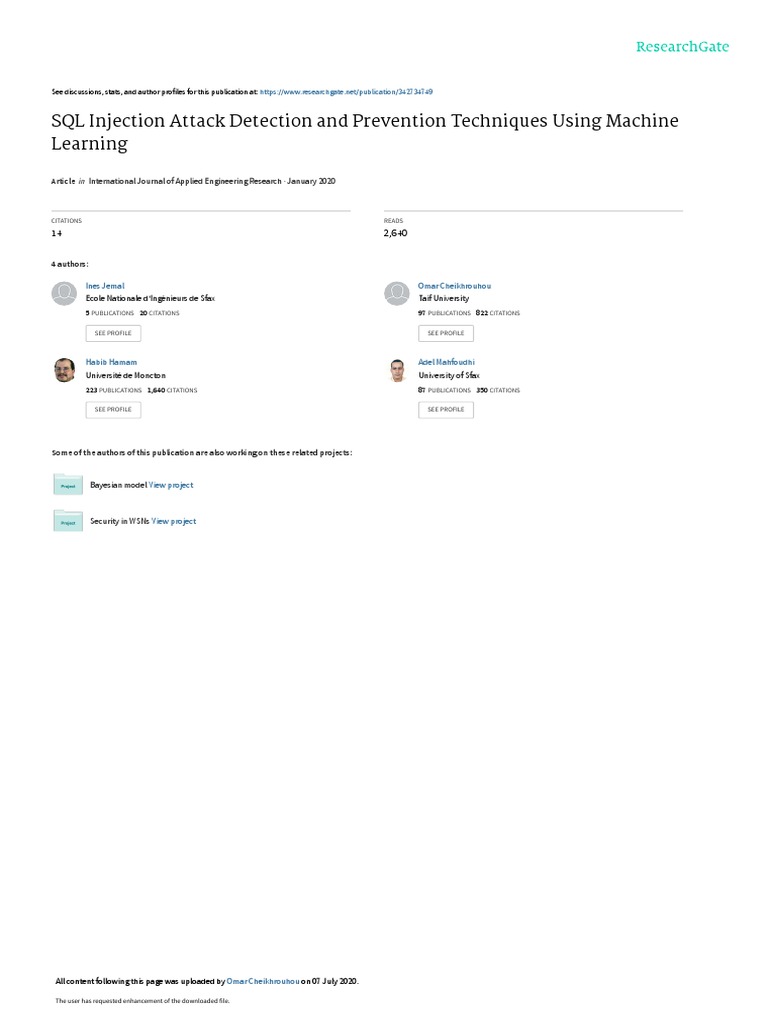 SQL Injection Attack Detection and Prevention Techniques Using Machine Learning | PDF ...
