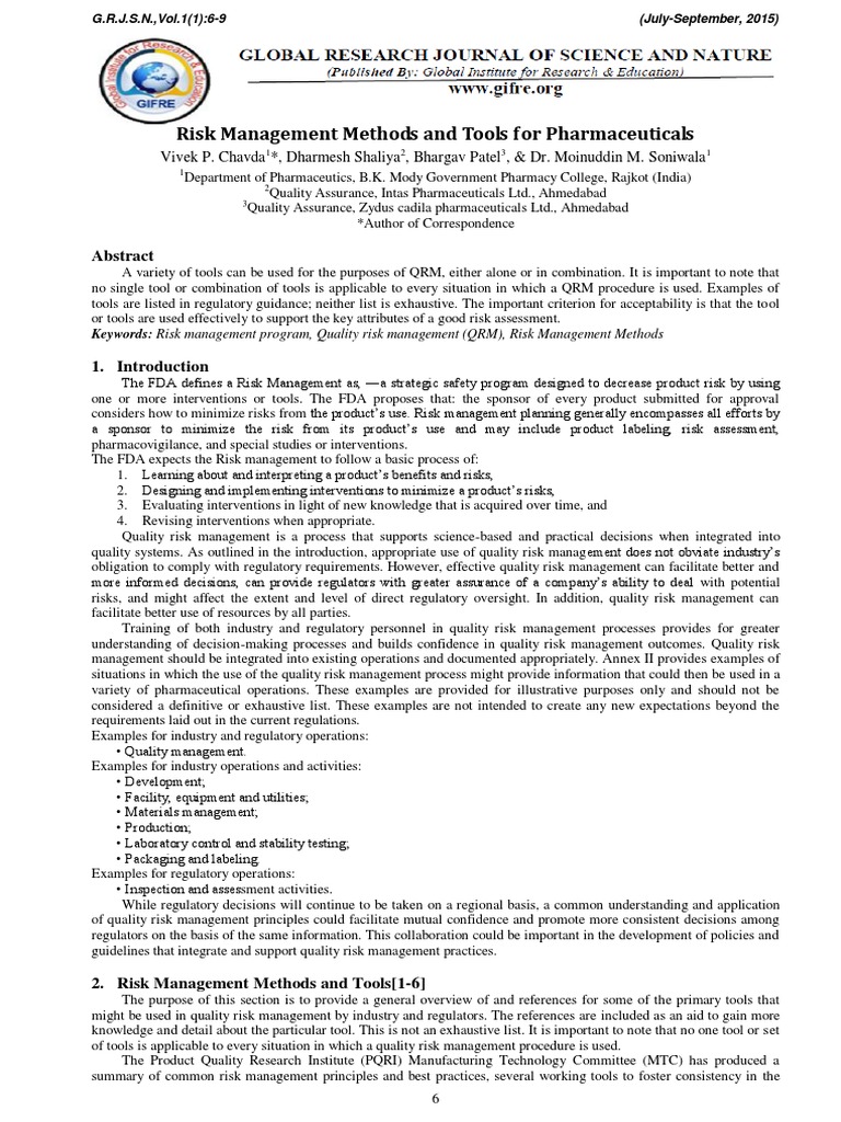 Risk Management Methods and Tools For Pharmaceuticals | PDF | Risk ...