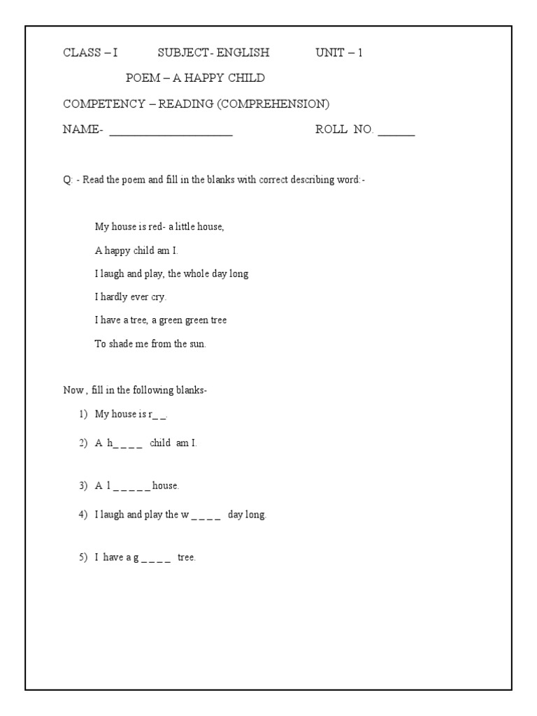 CBSE Class 1 English Worksheets (16) - A Happy Child | PDF