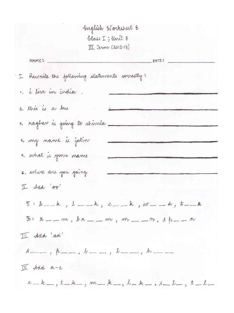 CBSE Class 1 English Worksheet | PDF