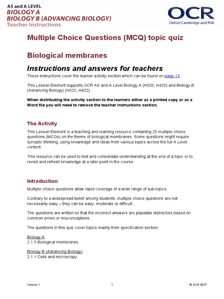 Multiple Choice Questions (MCQ) Topic Quiz Biological Membranes | PDF ...