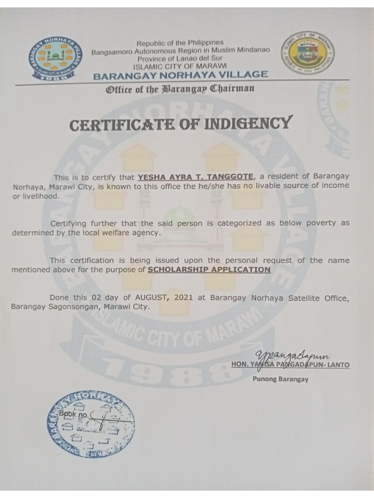 Cert of Indigency | PDF