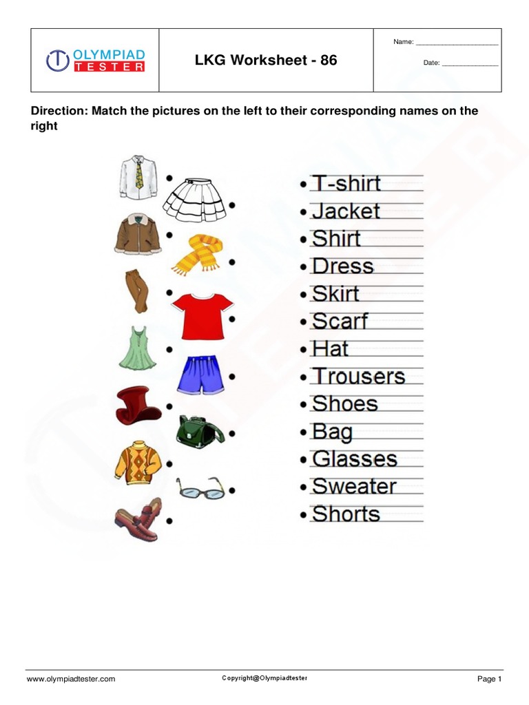 LKG Worksheet - 86: Direction: Match The Pictures On The Left To Their ...