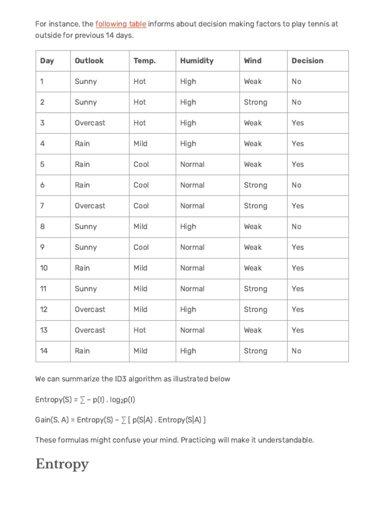 ID3 Decision Tree Example Explained | PDF | Humidity | Rain