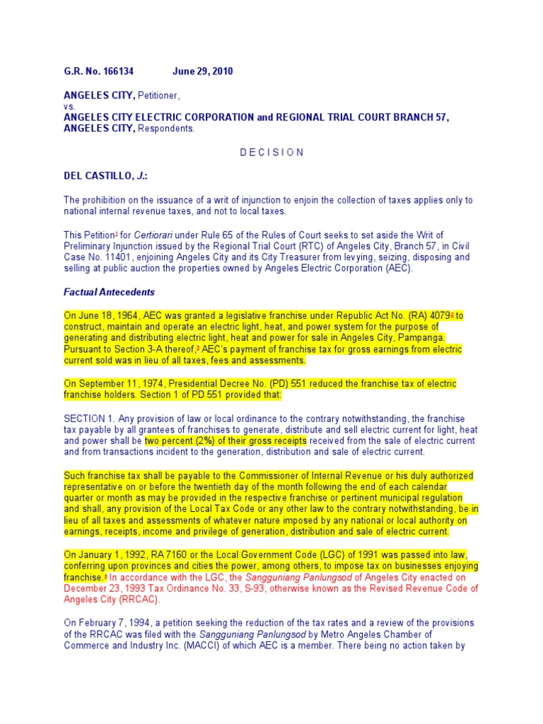 Angeles City v. Angeles City Electric Corp. | PDF | Injunction | Taxes