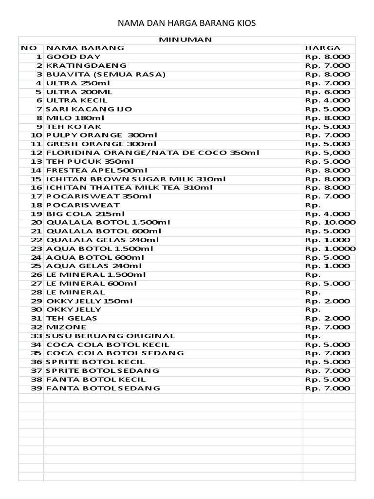 Nama Dan Harga Barang Kios | PDF