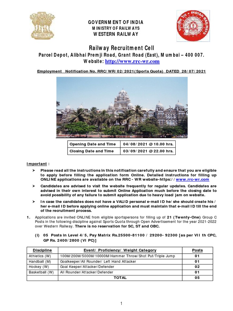 RRC Western Railway Recruitment 2021 Notification | PDF | Identity ... RRC Western Railway Recruitment 2021 Notification | PDF | Identity ...