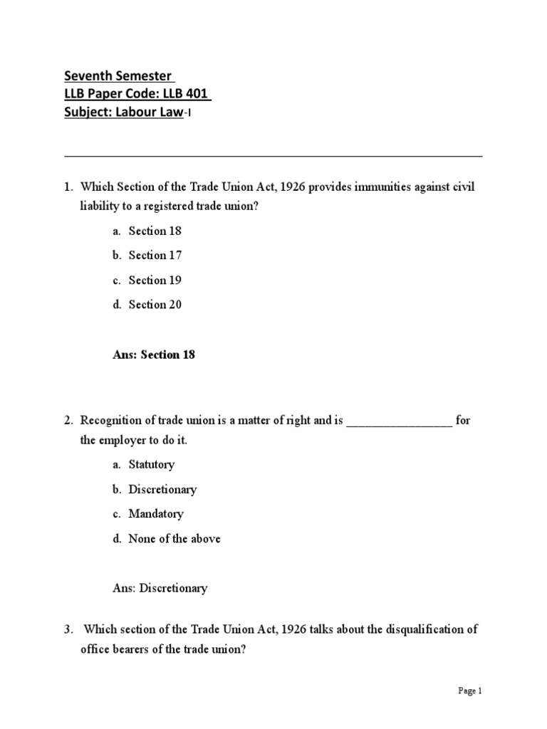 Unit 1 MCQ Labor Law | PDF | Trade Union | Employment
