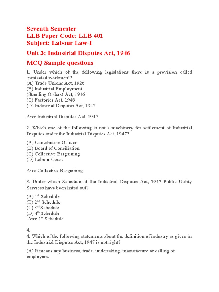 Unit 3 MCQ Labour Law | PDF | Strike Action | Arbitration