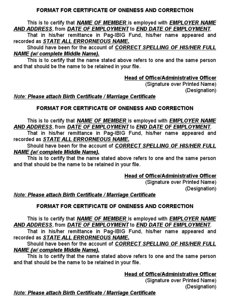 Certificate of Oneness and Correction | PDF