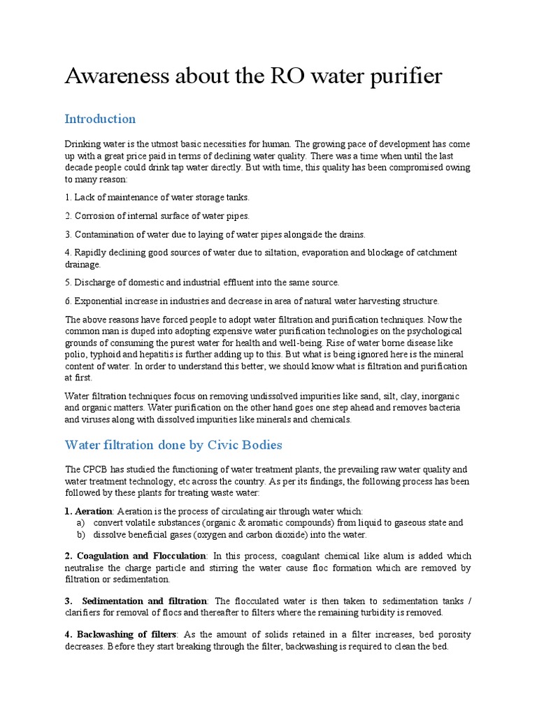 Awareness About The RO Water Purifier | PDF | Osmosis | Water Purification