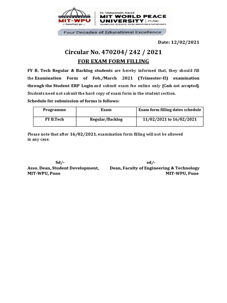 Exam Form Filling Notice for FY B.Tech | PDF | Finance & Money Management