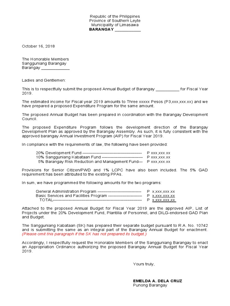 01 Barangay Sample Budget Message 2019 | PDF | Budget | Economies