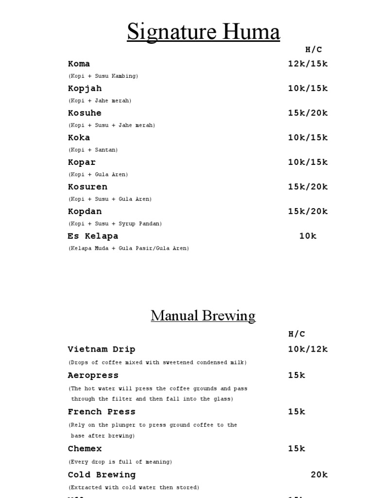 Huma Menu | PDF | Drink | Foods