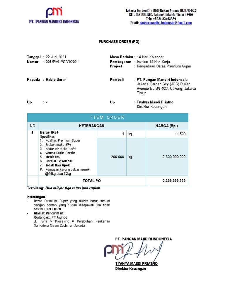 Contoh Purchase Order Beras Premium | PDF