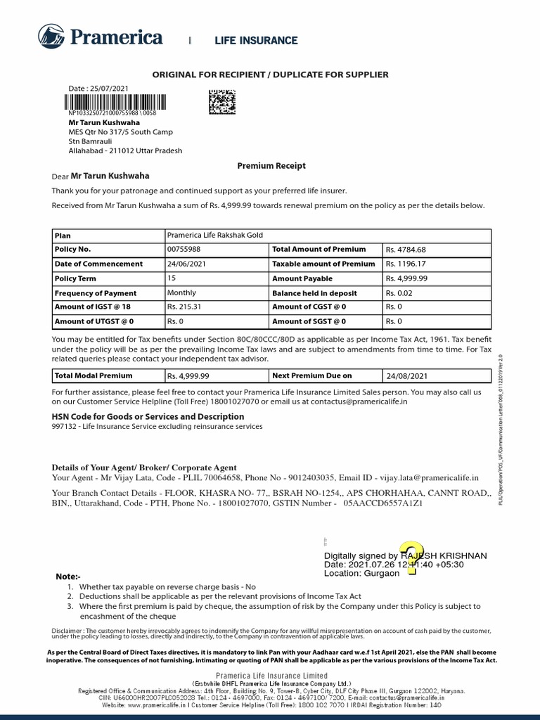 Renewal Premium Receipt - 00755988 | PDF | Life Insurance | Insurance