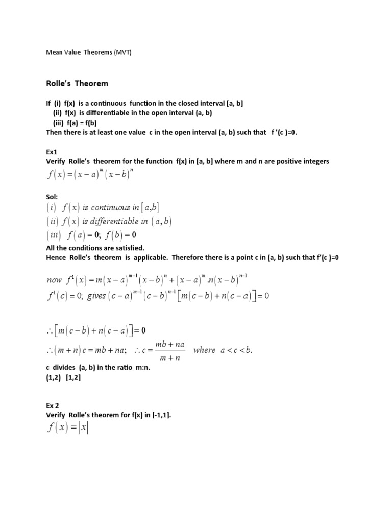 BTech Sem I Mean Valu THM | PDF | Function (Mathematics) | Continuous Function