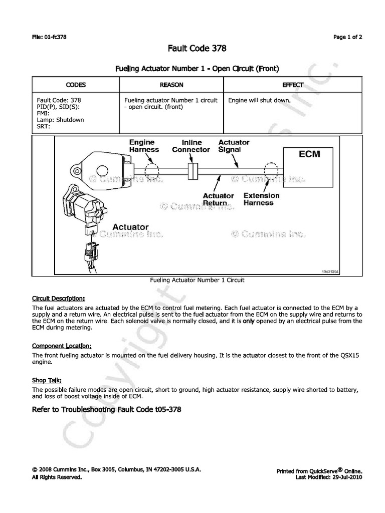 Fault Code 378 Fueling Actuator Number 1 - Open Circuit (Front) | PDF