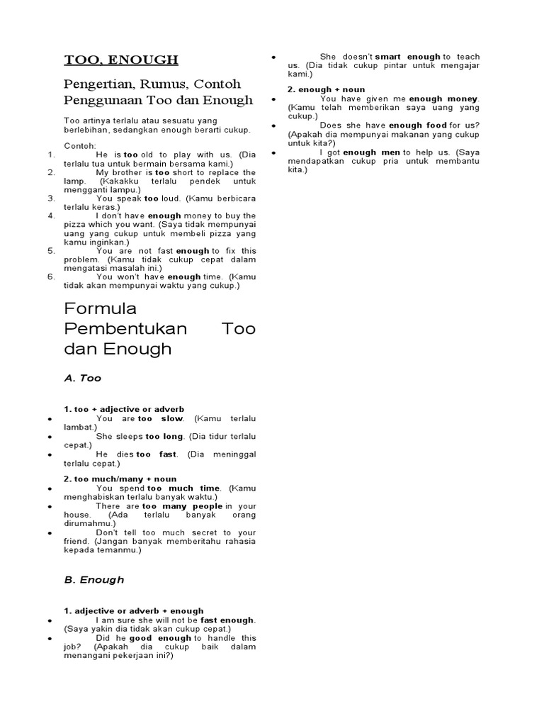Penggunaan Too dan Enough dalam Bahasa Inggris | PDF