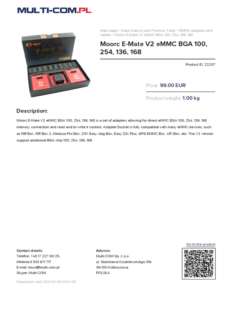Moorc E-Mate V2 eMMC BGA 100, 254, 136, 168: Description | PDF
