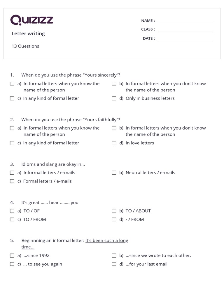 Letter Writing - Print - Quizizz | PDF