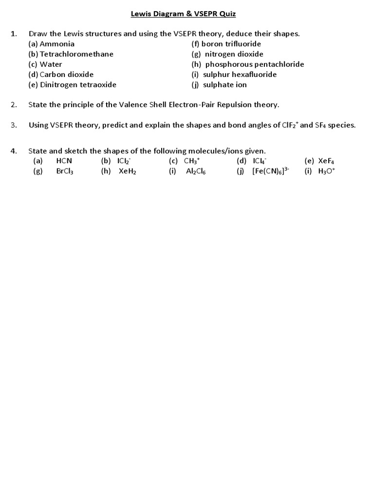 Lewis Structure by VSEPR Quiz | PDF
