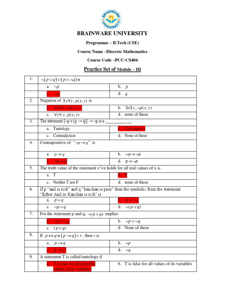 Brainware University: Practice Set of | PDF | Syntax (Logic) | Logical Expressions