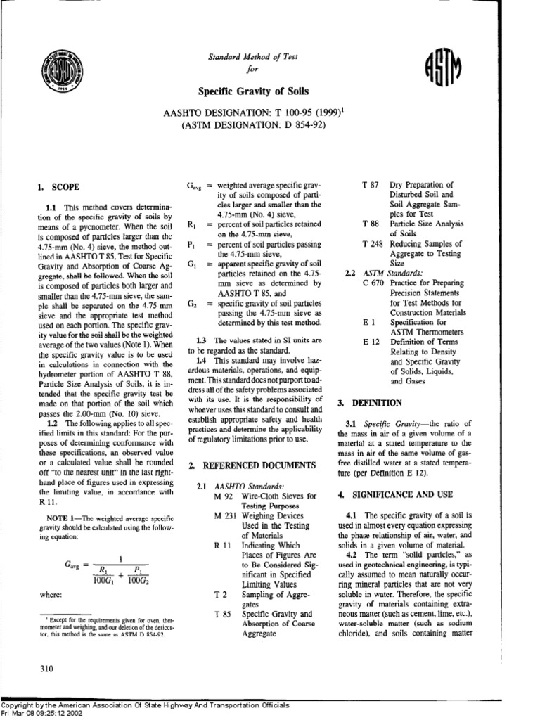 AASHTO T 100 Specific Gravity of Soil | PDF