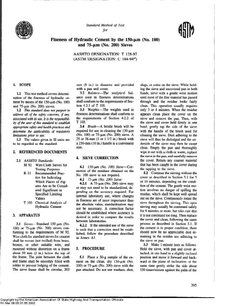 AASHTO T 128 Fineness of Cement | PDF | Law