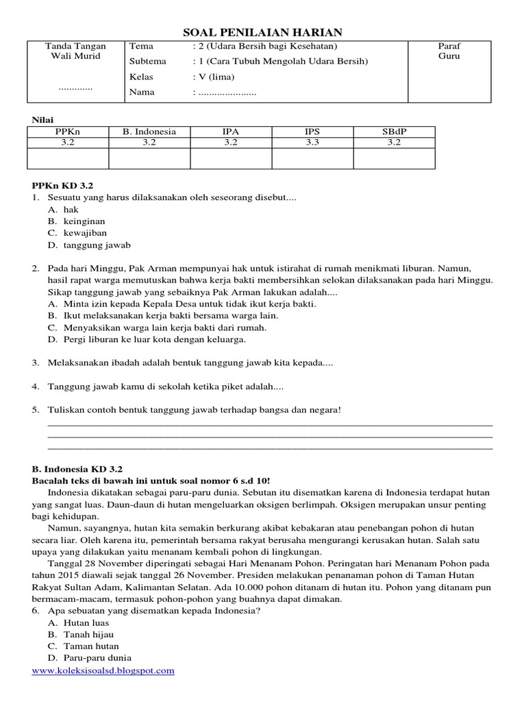 Soal Penilaian Harian Kelas 5 Tema 2 Subtema 1 | PDF | Kajian Bahasa Asing | Kesehatan Holistik