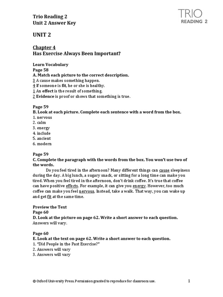 Trio Reading 2 Unit 2 Answer Key | Download Free PDF | Verb | Foods
