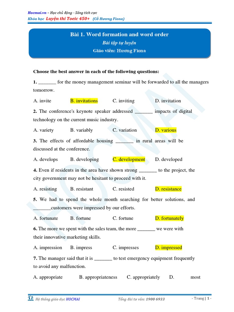 Bai 1. Word Formation and Word Order DA BTTL | PDF | Business | Economies