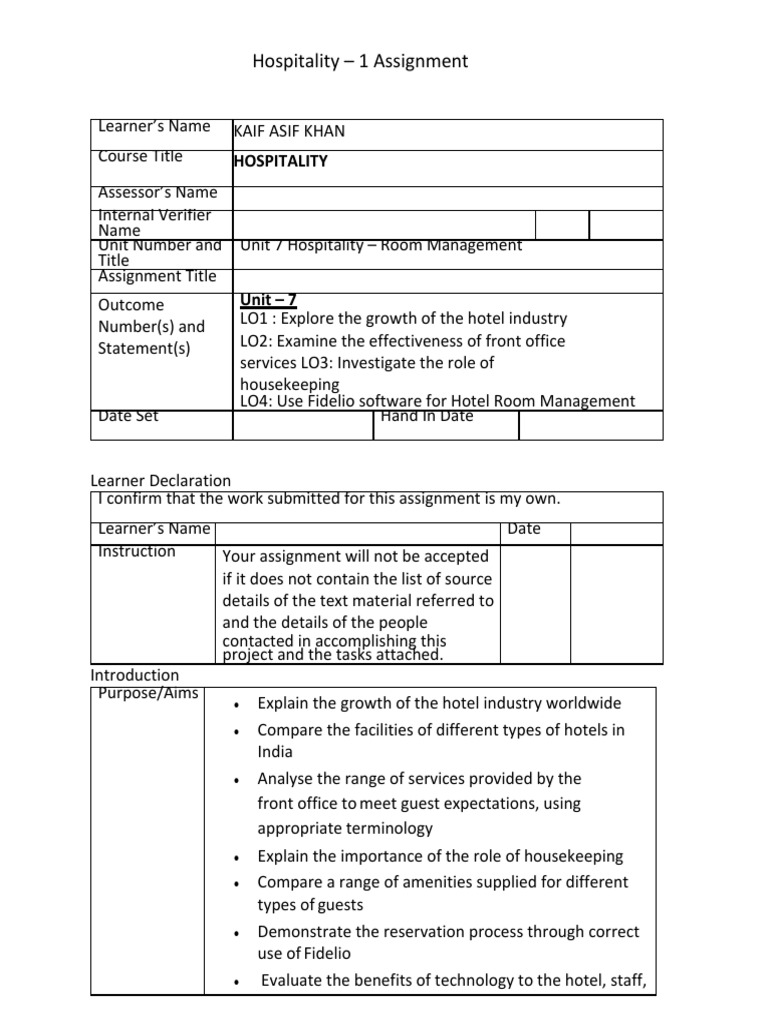 Hospitality - 1 Assignment | PDF | Hotel