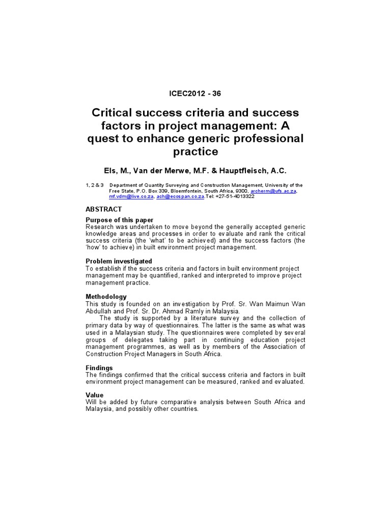 Critical Success Criteria and Success Factors in Project Management: A ...