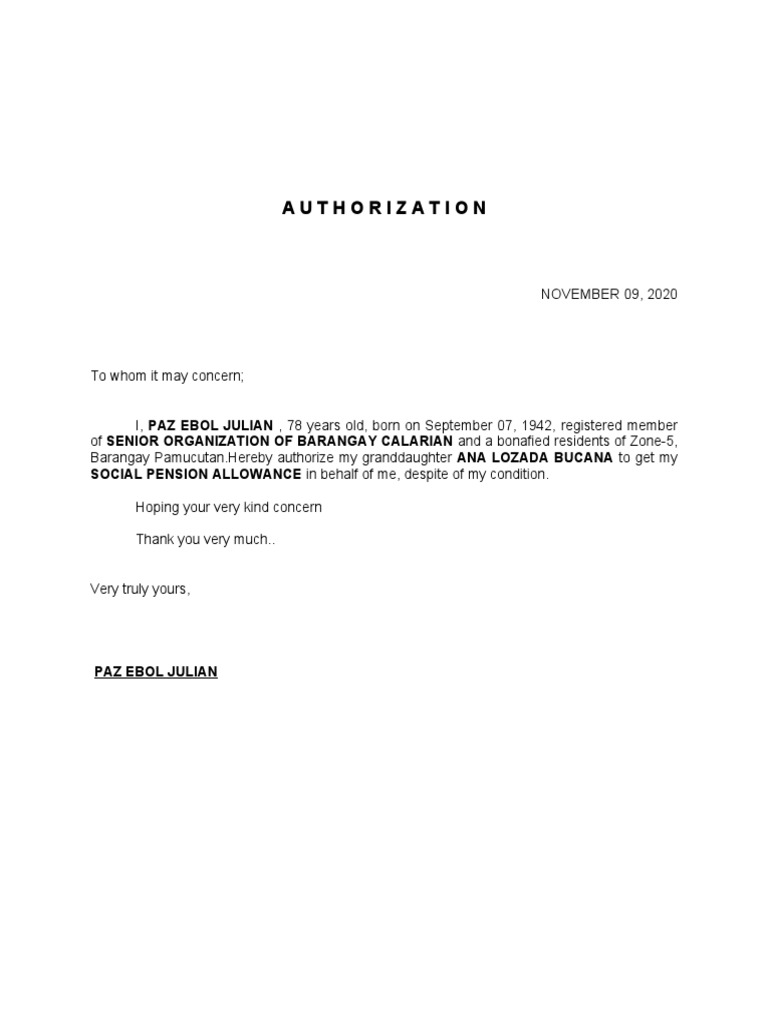 Authorization: SOCIAL PENSION ALLOWANCE in Behalf of Me, Despite of My ...