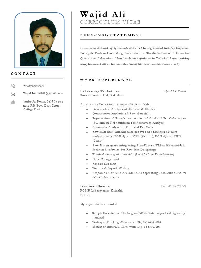 Waj Ali CV | PDF | Cement | Analytical Chemistry